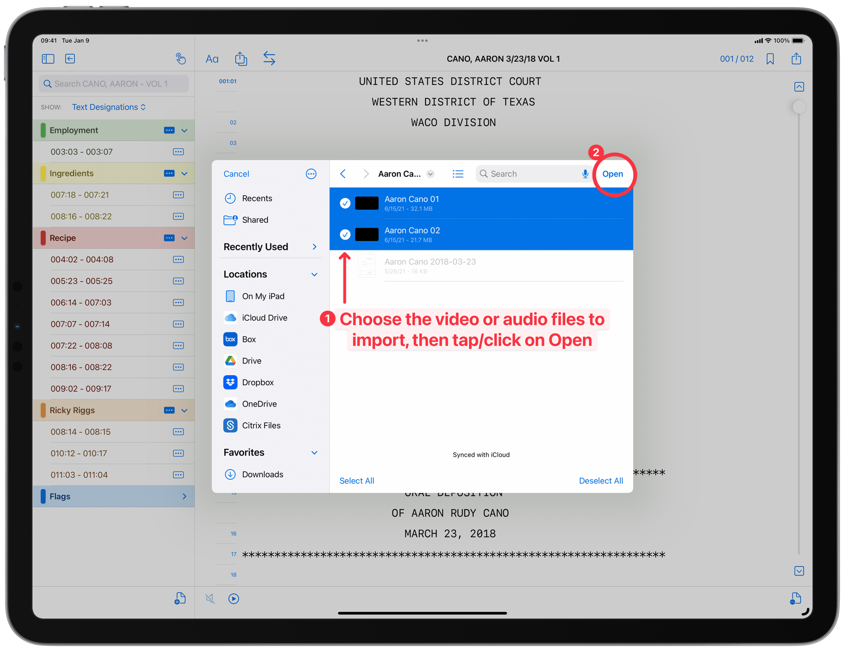 How do I sync a transcript with the video of a deposition and edit clips?